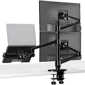 Viozon Monitor and Laptop Mount, 3-in-1 Adjustable Triple Monitor Arm Desk Mounts, Dual Desk Arm Stand/Holder for 17 to 27 Inch LCD Computer Screens, Extra Tray Fits 12 to 17 inch Laptops (OL-10T-B)