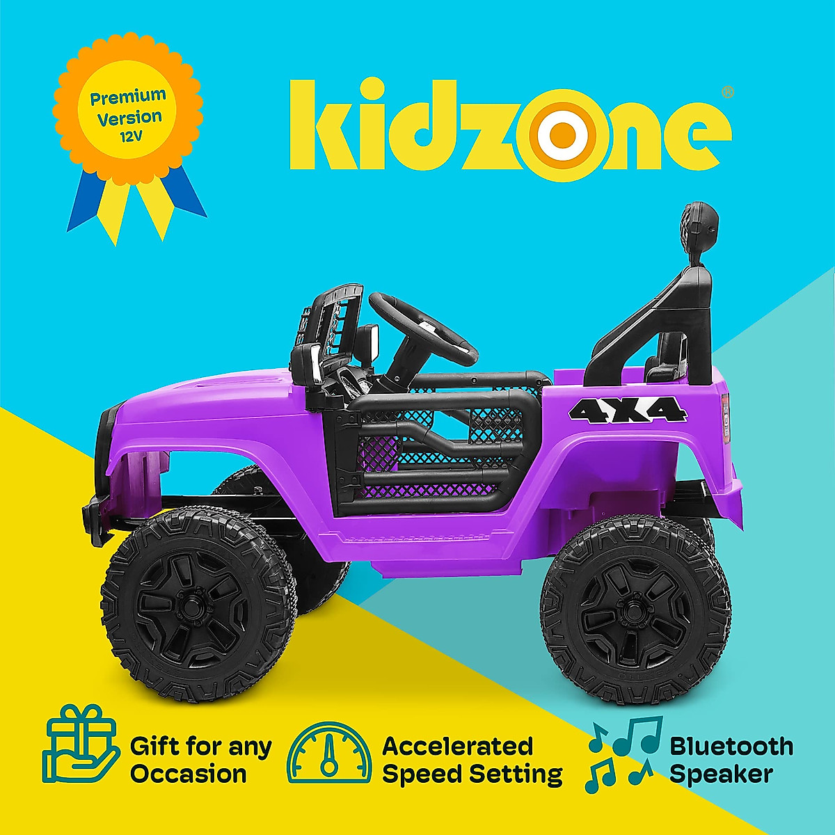 Kidzone Ride On Truck 12V Battery Powered Electric Kids Car Vehicle Toy with DIY License Plate, 4 Wheeler Quad, Parent Remote Control, MP3, High Low Speeds, LED Lights - Purple