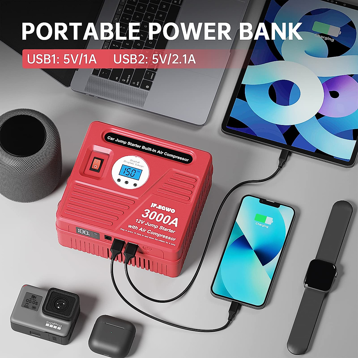 3000Amp Car Jump Starter with Air Compressor, 150PSI Tire Inflator with Digital Screen Pressure Gauge, 24000mAh 12V Auto Battery Booster (9.0L Gas/ 8.5LDiesel Engine), 2 USB Port 2 Light