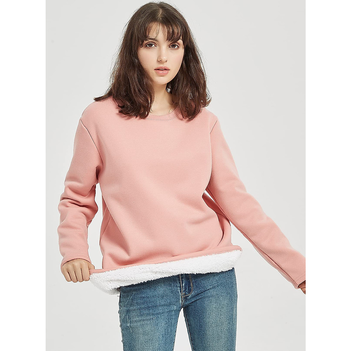 PEHMEA Women's Girls Warm Sherpa Lined Crewneck Pullovers Fleece Sweatshirt Tops (Pink, Medium)