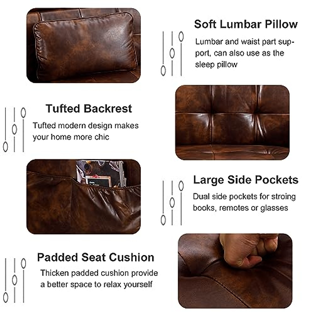 Oprisen 82”Modern Loveseat Sofa Couch for Livingroom Comfy PU Leather Loveseat Couch w/Adjust Headrest, Tufted Button Deep Seat Futon Set w/Wide Arm/Pillows for Apartment (PU-Brown)