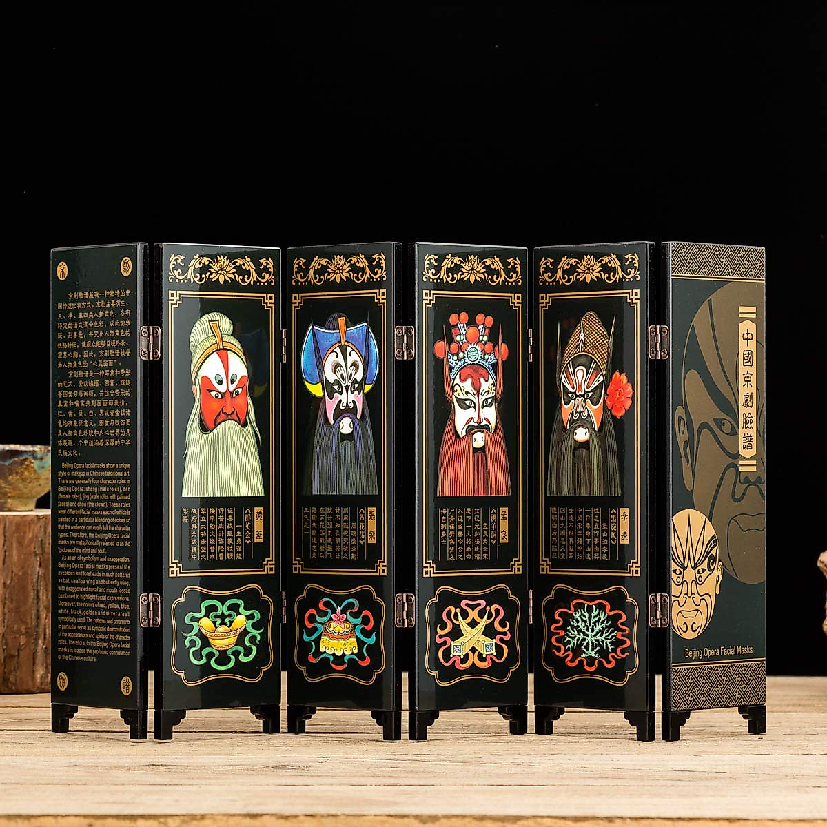 TJ Global Mini 9.5 INCH Tall 6-Panel Traditional Chinese Art for Home Decoration - Decorative Lacquerware, Home Decor, Lacquer, Oriental, Mini Divider (Opera Masks)