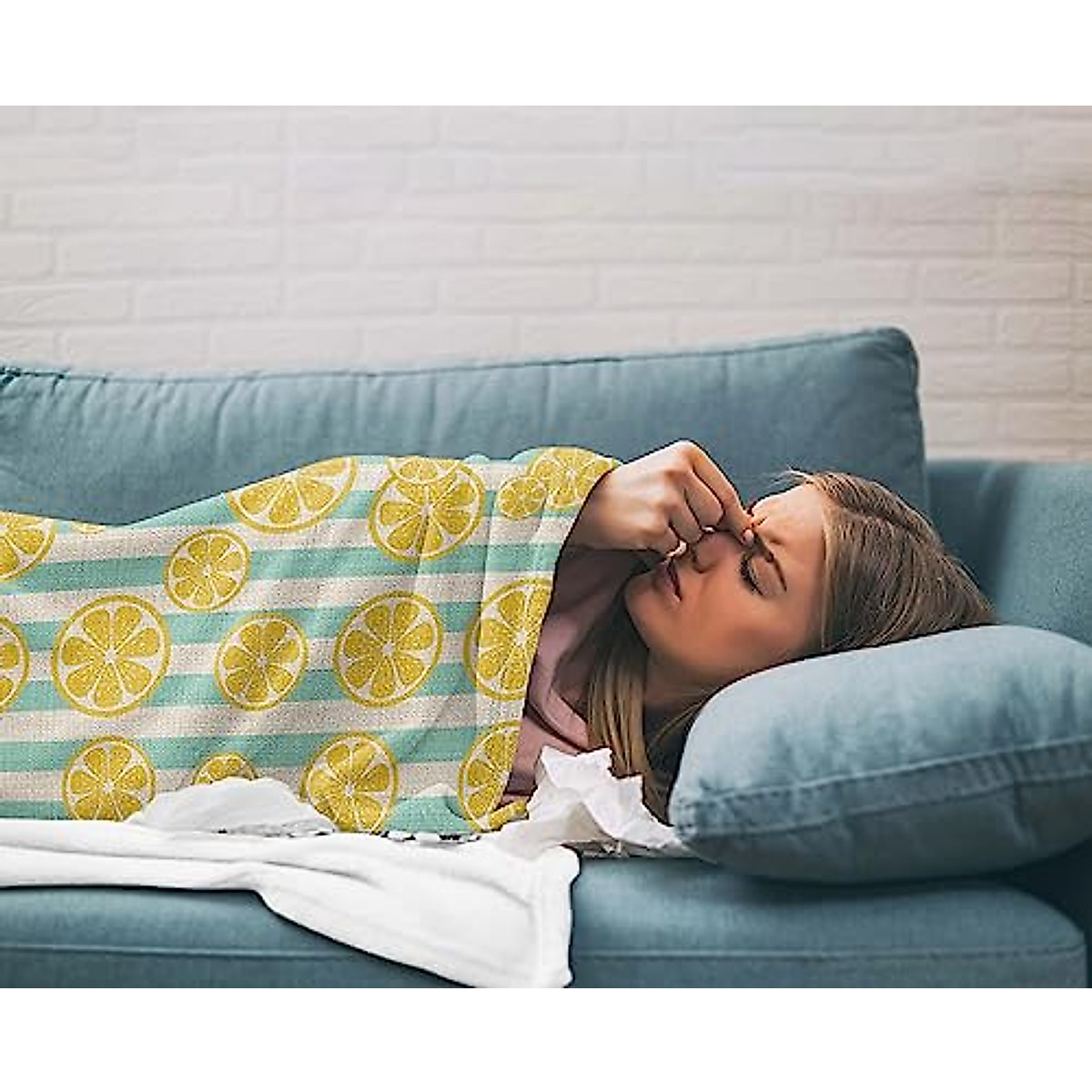 Throw Blanket- Yellow Lemons Soft Warm Plush Fleece Bed Throw,50x60In Flannel Blankets Summer Fruits Retro Linen Burlap Bedding Throws for Women/Men Bedroom Living Room Office Decor Teal Stripe