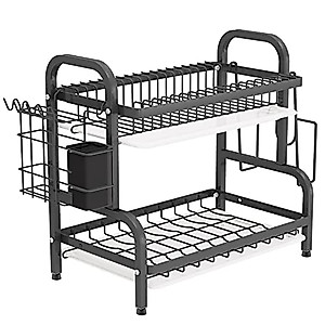 1Easylife Dish Drying Rack, 2-Tier Compact Kitchen Dish Rack Drainboard Set, Large Rust-Proof Dish Drainer with Utensil Holder, Cutting Board Holder for Kitchen Counter Tableware Organizer