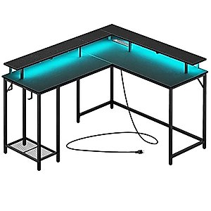 SUPERJARE L Shaped Gaming Desk with Power Outlets & LED Lights, Computer Desk with Monitor Stand & Storage Shelf, Home Office Desk Corner Desk with Hooks, Black