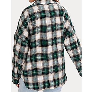 Lumister Womens' Spring Oversized Flannel Plaid Shirt Long Sleeve Drop Shoulder Lapel Button Down Shirt Blouse Tops(0075-Olive-L)