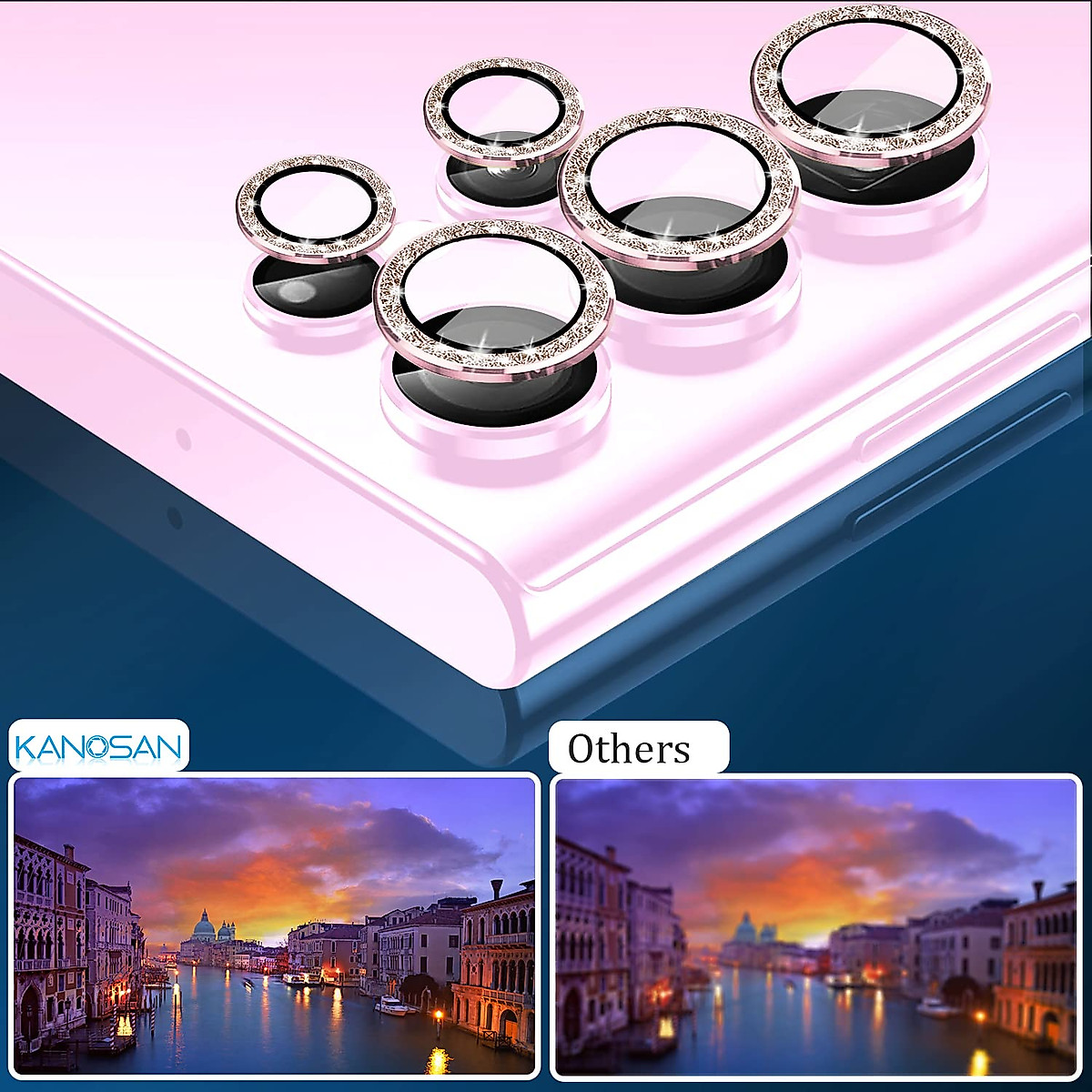 Kanosan Compatible for Samsung Galaxy S23 Ultra Camera Lens Protector, Aluminium Alloy Ring 9H Tempered Glass Decorative Accessories Camera Cover for Galaxy S23 Ultra Glitter Pink