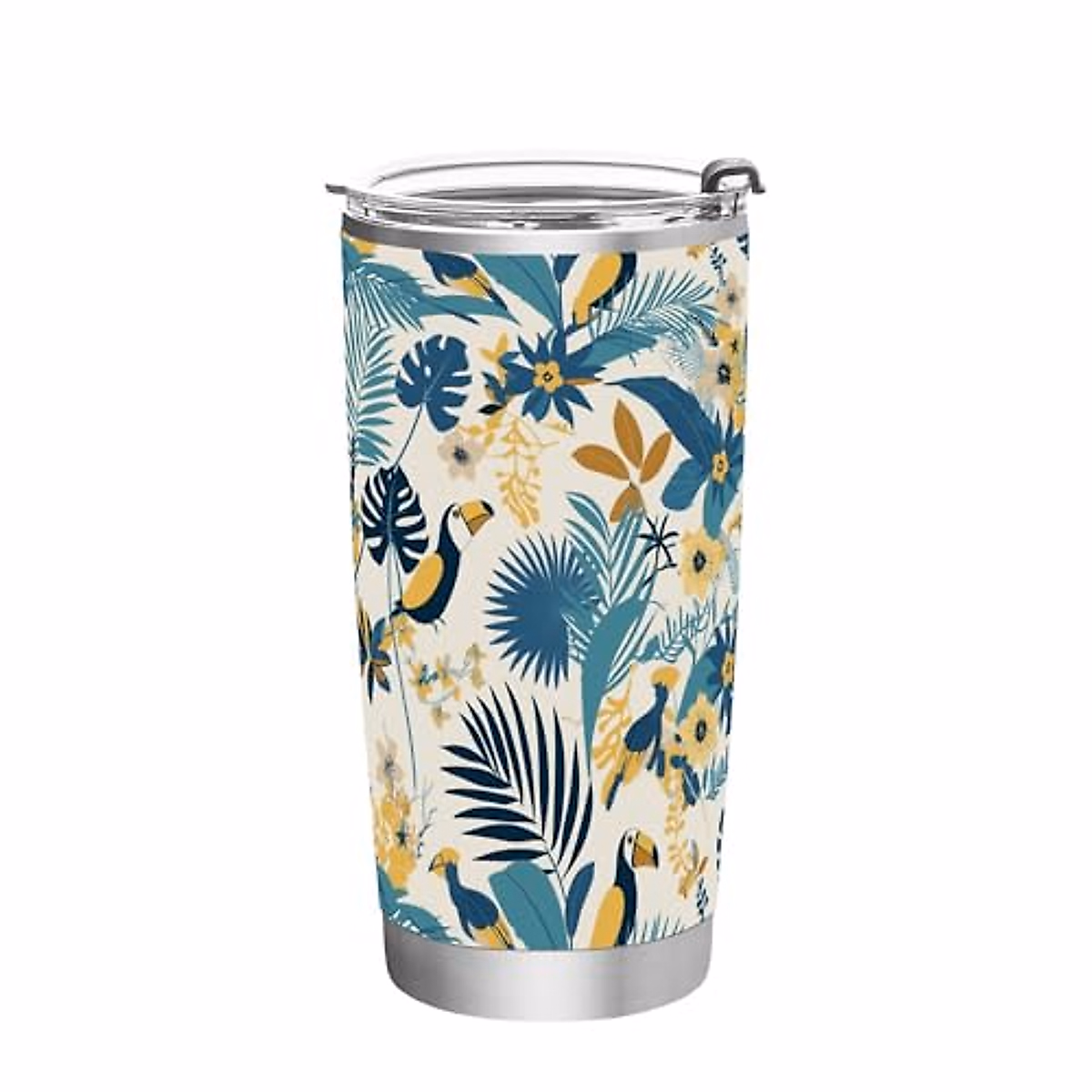 Tropical Style Leaves and Bird Pattern Yellow and Blue Stainless Steel cups with lids with Straw Lid coffee mug to go for outdoor safe insulated tumbler with lid 20 OZ