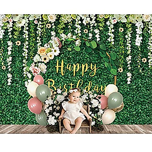 Maijoeyy 7x5ft Green Happy Birthday Backdrop Green Grass Birthday Backdrop for Women Green Leaves White Flower Birthday Backdrops for Party Birthday Decorations