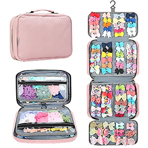 MICOM Hanging Hair Accessories Storage Bag for Girls, Hair Bow Organizer, Hair Accessories Storage Carrying Case for Display Hair Clips, Headbands, Scrunchies, Hair Ties Holder with Hook (pink)