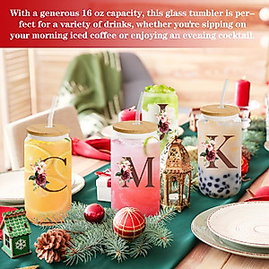 Birthday Gifts for Women, Personalized Gifts for Women, Monogrammed Initial Glass Cup - 16oz Glass Cups with Lids and Straws, Iced Coffee Cup, Beer Can Shaped Glass - Personalized Christmas Gifts M