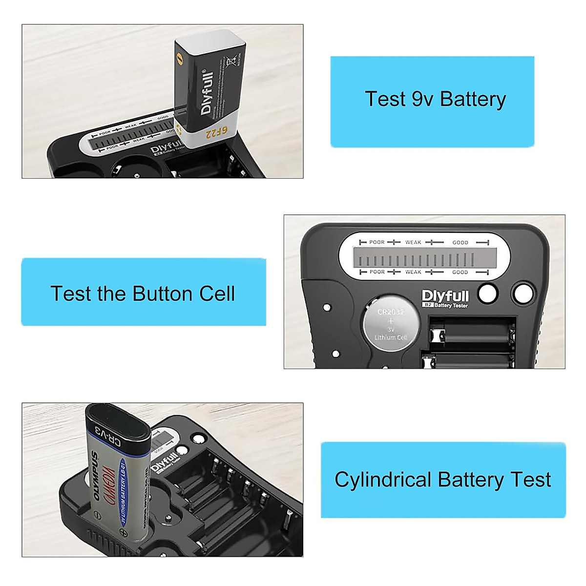 Battery Tester, Dlyfull LCD Display Universal Battery Checker for AA AAA C D 9V CR2032 CR123A CR2 CRV3 2CR5 CRP2 1.5V/3V Button Cell Batteries, 1x AAA batteries included