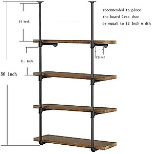 Yuanshikj 2Pc (56" tall 12"deep 3/4") Industrial Wall Mount iron Pipe Shelf Shelves Shelving Bracket Vintage Retro Black Open Bookshelf Bookcase DIY Storage office Kitchen (2 Pcs 4Tier Hardware only )
