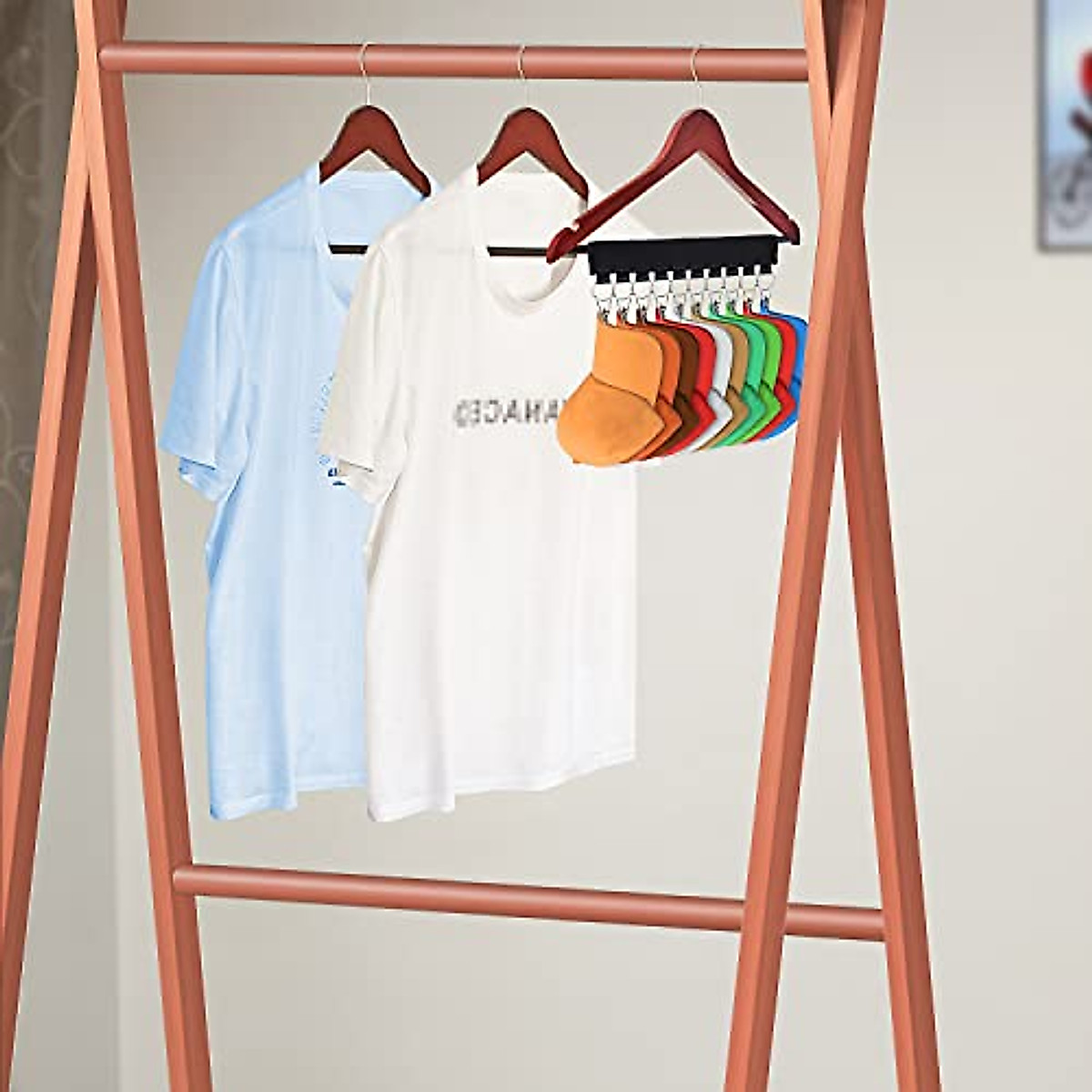 TOPMEET Hat Organizer for Baseball Caps Storage,10 Stainless Steel Clips Holder for Hanger, Cap Rack/Hat Shelf Fit Room Closet,Door,Wall - 1 Pack