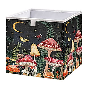 Night Mushroom Art Cube Storage Bin, Collapsible Storage Box Bins with Cubes, Foldable Fabric Baskets Bins for Shelf,Closet Cabinet,Home Organization, 11.02 x 11.02 x 11.02 inch