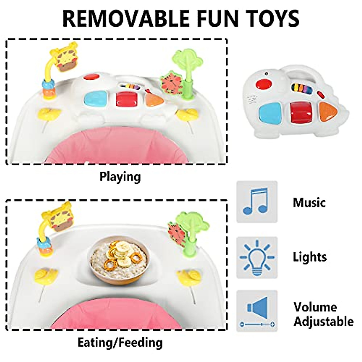 Kinder King 3 in 1 Folding Baby Walker, Activity Walker for Boys Girls, Learning-Seated, Toddler Walk-Behind w/Music Toys, Adjustable Height & Speed, Safety Bumper, Infant Walker Anti-Rollover, Pink