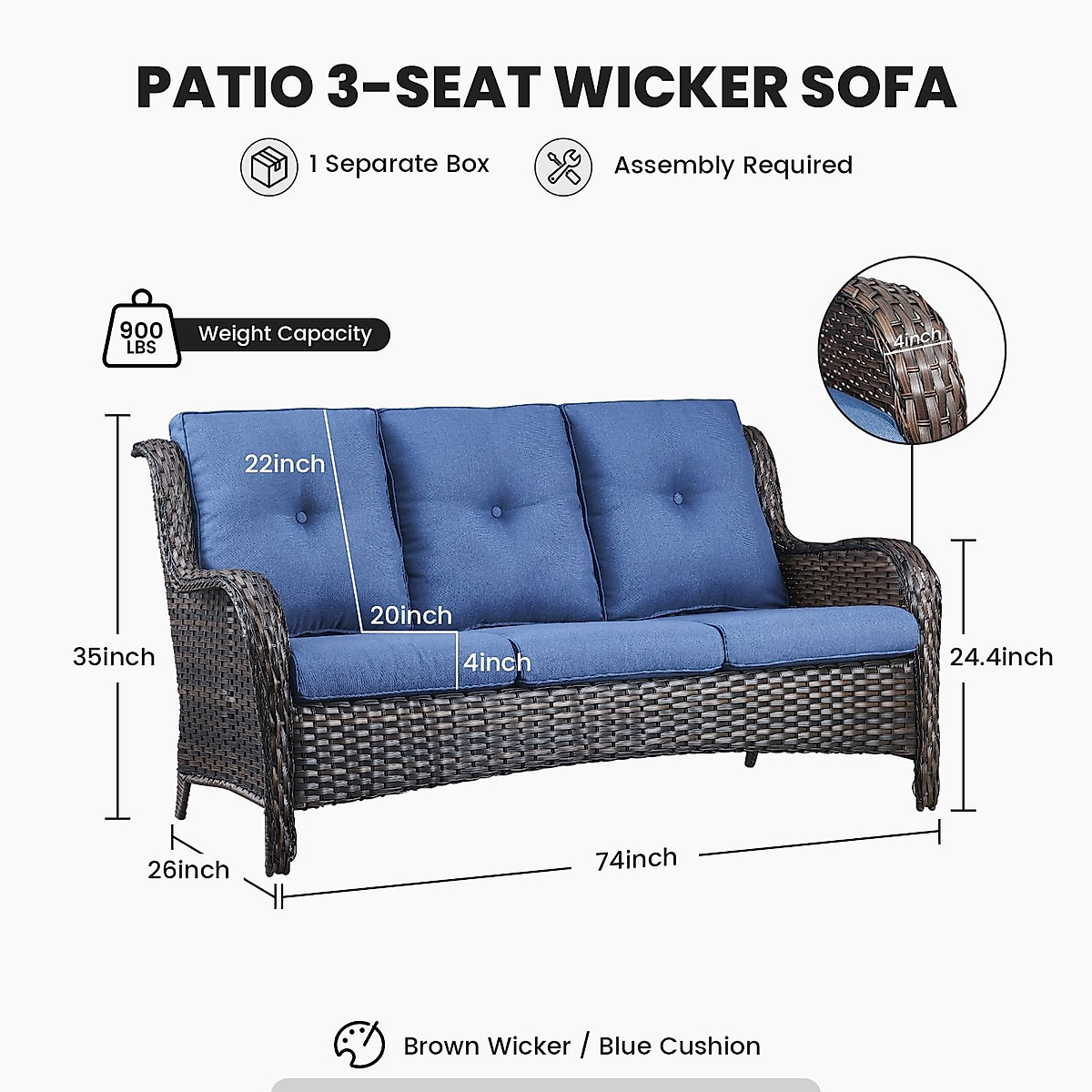 Belord Outdoor Furniture 3-Seater Rattan Sofa Patio Wicker Sofa Couch Furniture Set with Washable Cushions