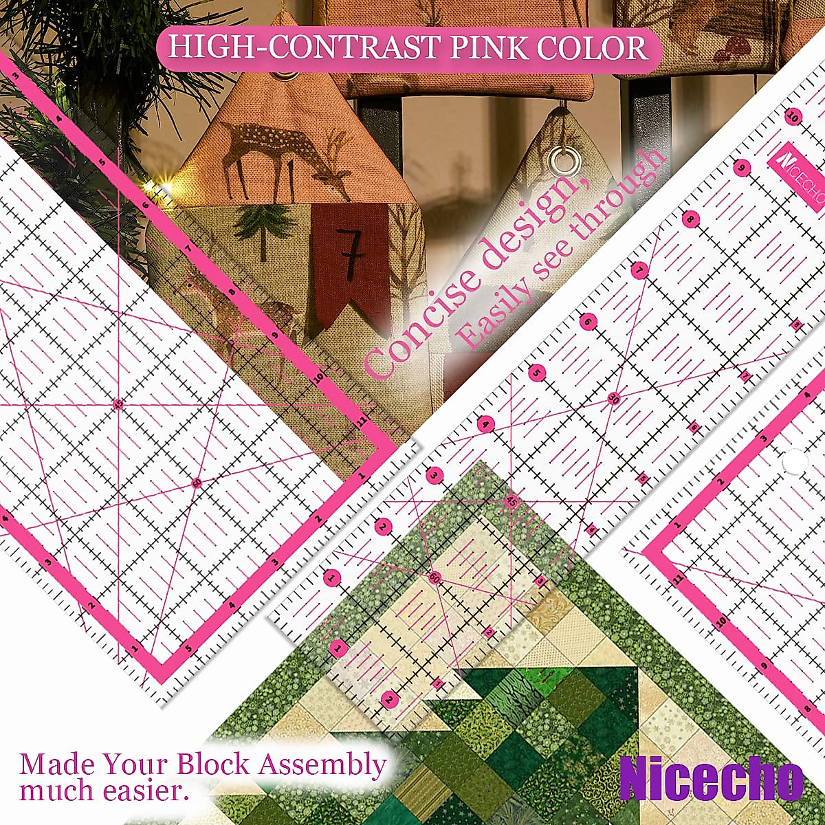 Rotary Cutter Set,Nicecho Sewing Quilting Supplies,45mm & 28 mm Fabric Cutters,8 Rotary Cutter Blades,A3 Cutting Mat for Sewing,6x12 & 2.5x12 In Quilting Rulers,Ideal Quilt kits for Lovers & Beginners