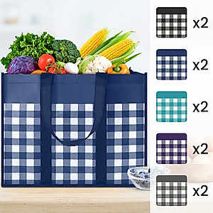 StorMiracle Reusable Grocery Bags 10-Pack, Large Foldable Reusable Shopping Tote Bags Bulk for Groceries, Waterproof Kitchen Cloth Produce Bags with Long Handles, Durable and Lightweight-Plaid Style A