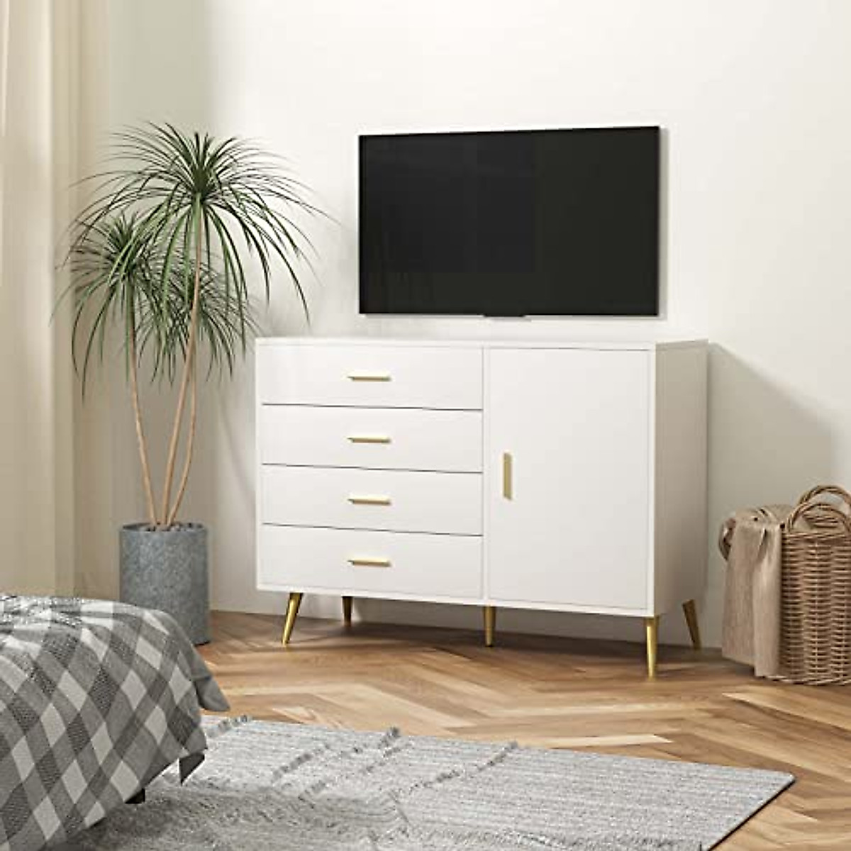 RESOM Storage Cabinet with Drawers & Door, Sideboard Cabinet with Adjustable Shelf, Printer Stand for Home Office, Free Standing Accent Cabinet for Living Room, Bedroom and Hallway (White)