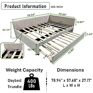 UOCFYK Full Upholstered Daybed with Trundle and Safety Fence,Sofa Bed Frame w/Put Out Sofa Bed Design for Guest Room, Bedroom,No Box Spring Needed, Beige