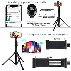 60" Selfie Tripod for iPhone with Remote Shutter Phone Holder Compatible with iPhone Android for Selfie/Video Recording/Vlogging/Live Streaming Heavy Duty Aluminum, Lightweight Tripod Black