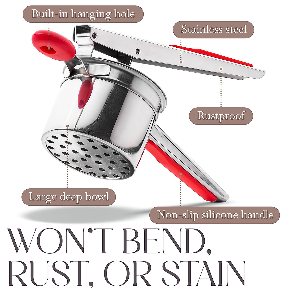 Bellemain Potato Ricer 15 oz with 3 Interchangeable Discs | Mash Potato Masher Stainless Steel, Sweet Potato Masher Kitchen Tool | Spaetzle Maker Press, Khuon Banh Lot, Spaetzle Noodle Maker