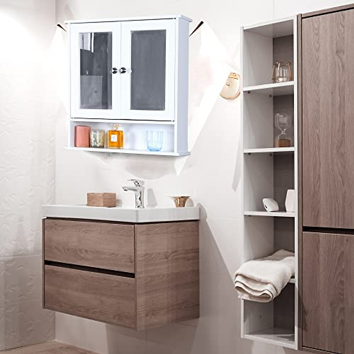 HERA'S PALACE Bathroom Wall Cabinet with Mirror, Medicine Cabinets for Bathroom with Adjustable Shelves, Double Doors Bathroom Cabinet Wall Mounted for Kitchen, Living Room and Laundry Room