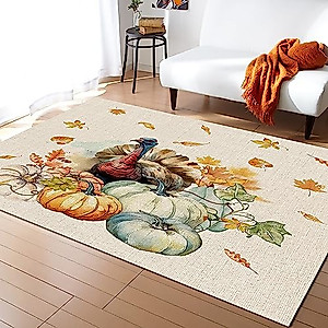 OComster Thanksgiving Rectangle Shape Large Area Rugs - 4 x 6 Feet Pumpkin Teal Orange Turkey Fall Maple Leaves Burlap - (Non-Woven + Rubber) Low File Floor Mat