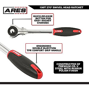 ARES 42022 – 3/8-Inch Drive 100-Tooth Swivel Head Ratchet - 270 Degree Swivel Action - Comfort Grip TPR Handle - Quick-Release Head Design – Chrome Vanadium Steel Construction – Mirror Polish Finish