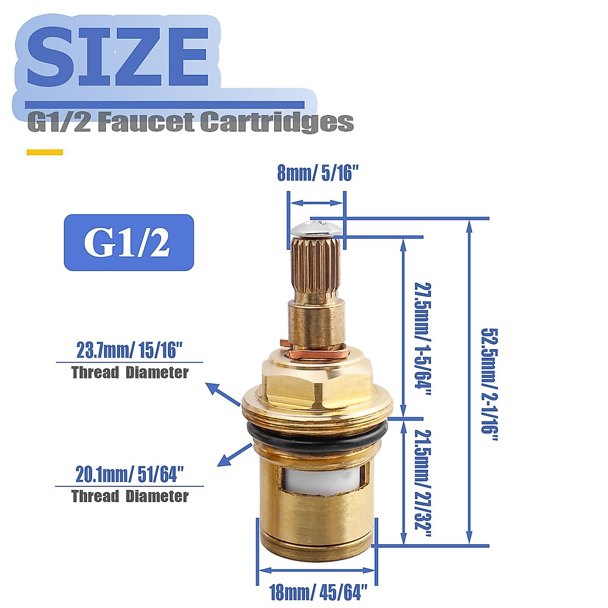Mesee 1 Pair Faucet Cartridges Replacement, Brass Ceramic Disc Stem Cartridge Faucet Valve 1/2" Turn Tap Cartridge Valves for Bathroom Garden Kitchen Taps