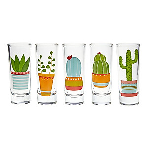 BLUE PANDA 5 Pack Shot Glasses Set with Cactus Designs for Bachelorette, Fiesta Supplies, Western-Themed Party, Round, Decorative Shot Glasses with Heavy Base for Tequila, Whiskey, Vodka (2 oz)