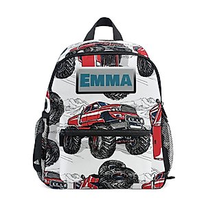 Aflyko Custom Name Kids Backpack Red Bravo Monster Truck Personalized Daycare Bookbag Kindergarten Daypack for Toddler Girls Boys 10" × 4" × 12"