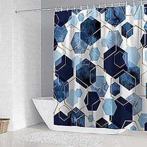 LQCOOL 4Pcs Blue Shower Curtain Set Modern Art Geometric Bathroom Set Navy Blue Abstract Bathroom Curtain Set with 12 Hooks, Bathroom Carpet Bath Mat and Toilet Rugs