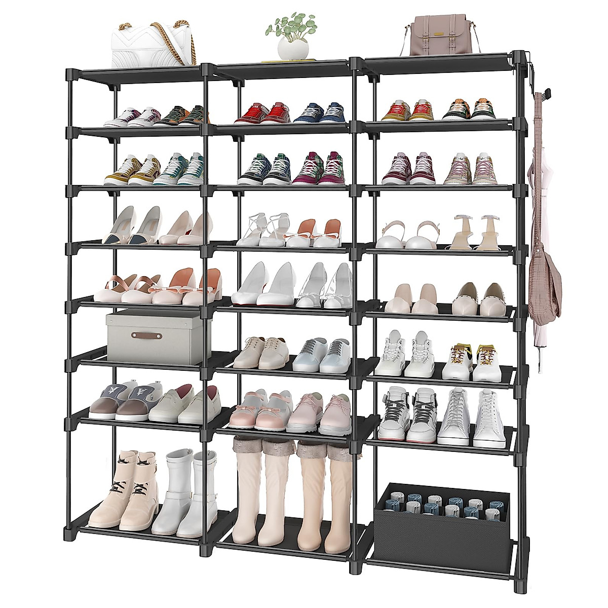 LUUDTAI Shoe Organizer 8 Tier Tall Shoe Rack 36-48 Pairs Large Shoe Storage Shelf with Hook and Foldable Sock Box, Stackable Free Standing Shoe Rack for Closet Entryway Bedroom Garage