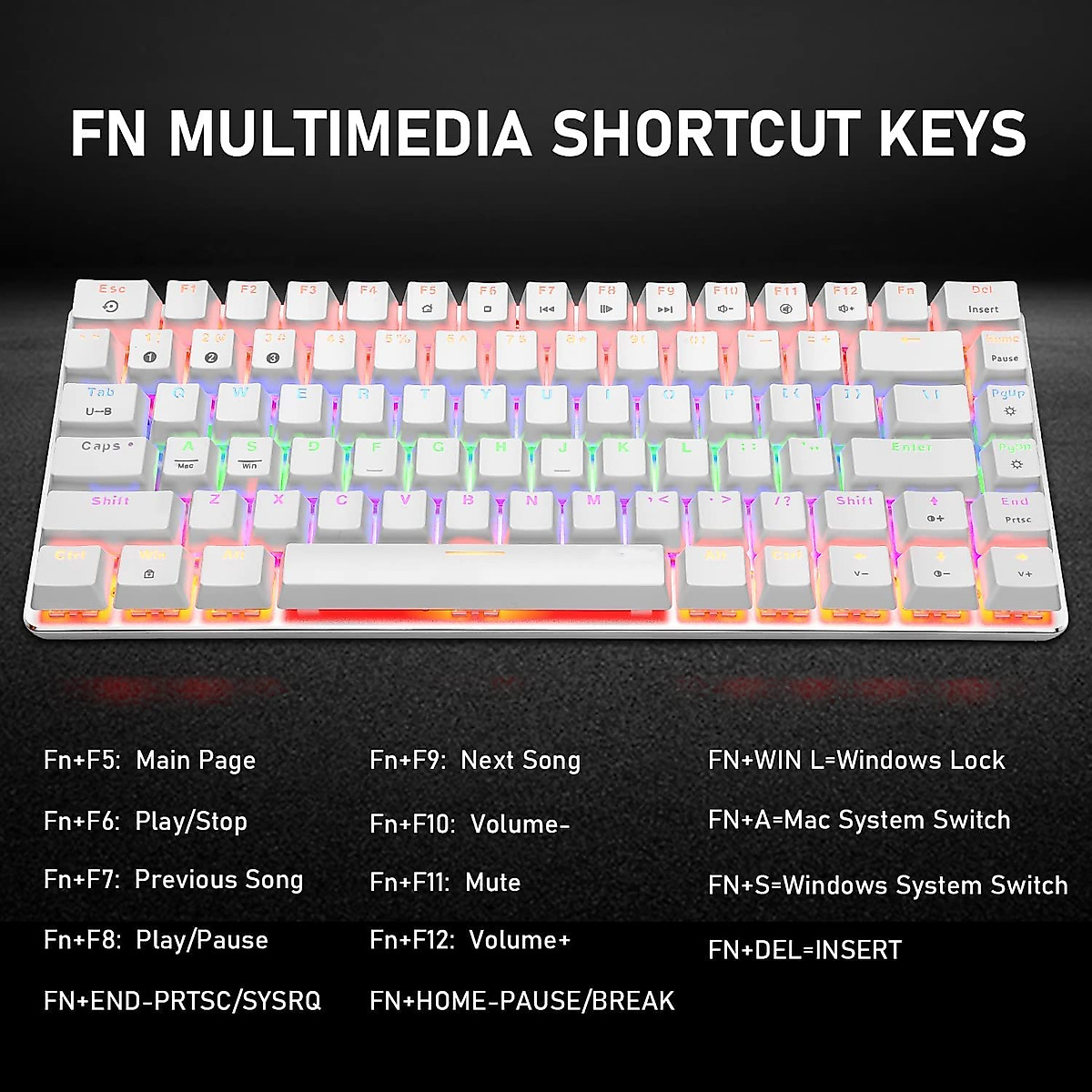 LexonElec Wireless Mechanical Keyboard,Two Mode BT5.0/USB-C 82 Keys Bluetooth Mechanical Keyboard,Rainbow LED Backlit,Compact Gaming Keyboard for Windows Mac PC Gamer(White)