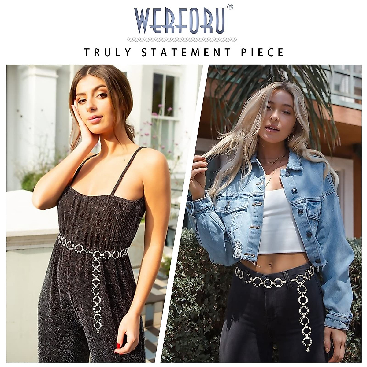 WERFORU Women Metal Link Body Chain Belt Ladies Waist Chain Belts for Jeans Dress (FIt waist size below 52 inches, Silver)