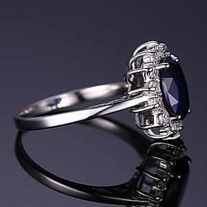 JewelryPalace Princess Diana Kate Middleton Class Gemstone Birthstone Blue Sapphire Halo Statement Engagement Rings for Women, Anniversary 14K Gold Plated 925 Sterling Silver Promise Rings for Her 6