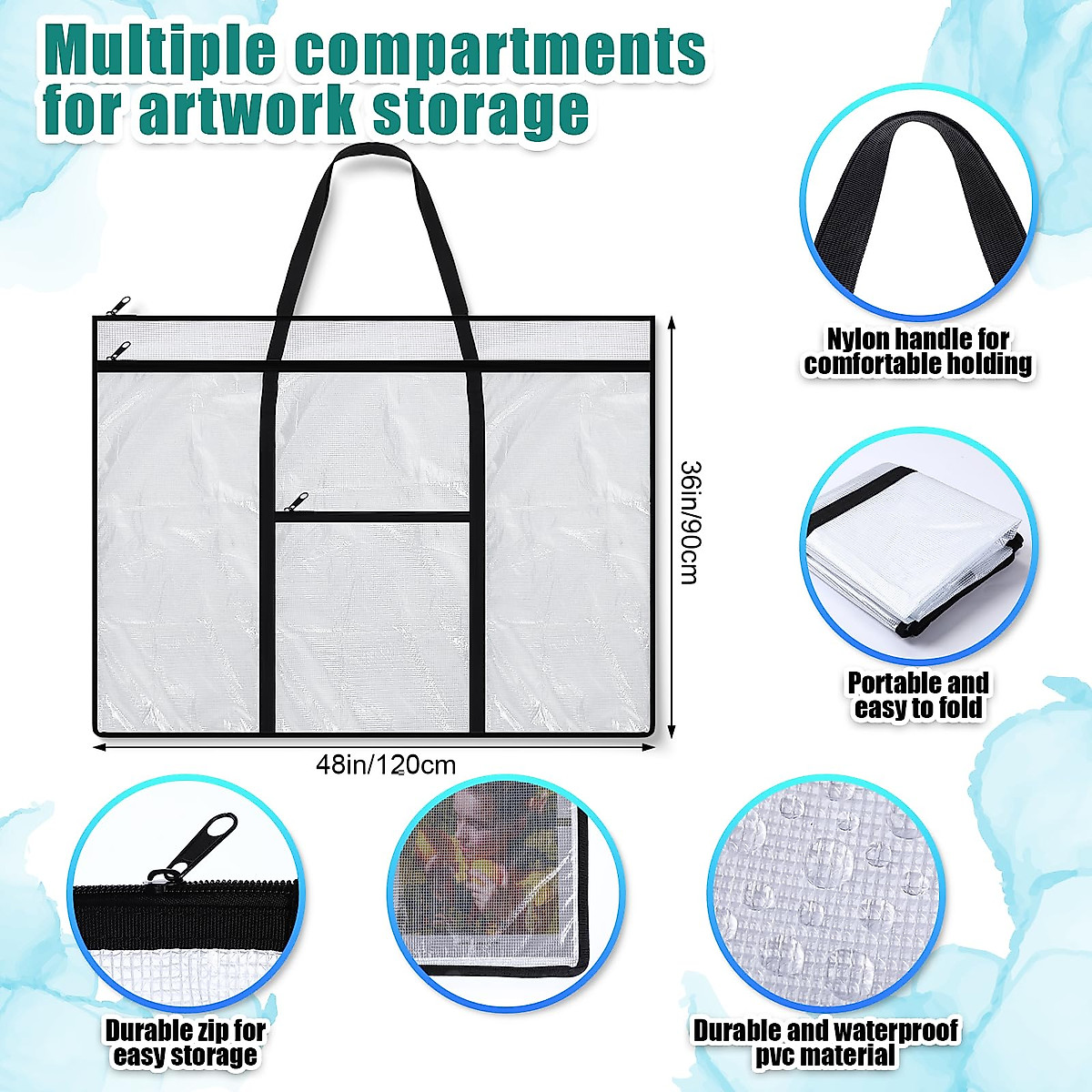 Huhumy Large Poster Storage Bag 48" x 36" Bulletin Board Holder PVC Art Portfolio Case Poster Storage Container with Zipper Handles Pocket for Teachers Artist Organization