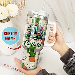 WAZONE Personalized Cactus Stainless Steel Tumbler Cup 40oz Custom Name Inspiration Travel Mugs Tumblers Flower Floral Cacti Plant Lovers Gifts for Women Gardeners Gardening
