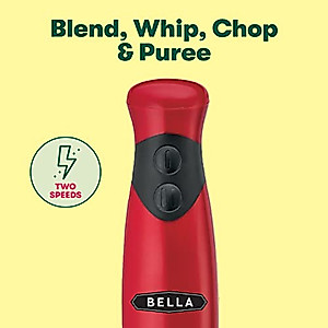 BELLA Immersion Hand Blender with Whisk Attachment, Quickly Mixes Sauces, Purees Soups, Smoothies & Dips, BPA-Free, Easy To Clean, Stainless Steel/Red