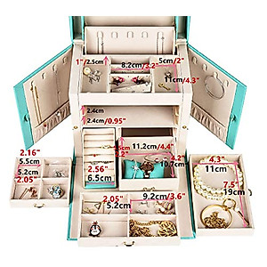 SANSREPONSE Jewelry Box Large Organizer Faux-Leather with Mirror Drawers Lock Gift for Women (TF Blue-L)
