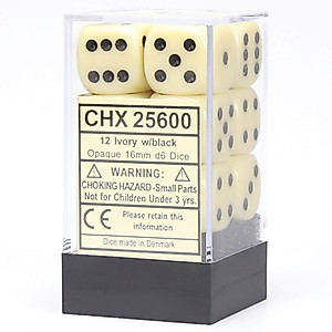 Chessex 25600 Opaque 16mm d6 Dice Block, Ivory and Black