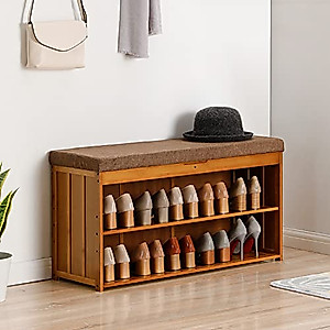 MoNiBloom Bamboo 2 Tiers Shoe Rack Organizer Changing Stool Bench with Flip-Open Storage Box Padded for Hallway, Bathroom, Bedroom - Brown (6-10 Pairs)