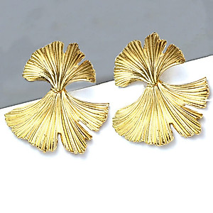 LOKLIFFAI Ginkgo Leaf Flower Earrings, Gold Geometric Statement Earring, Fashion Design Big Irregular Shape Boho Bohemian Drop Dangle Earrings