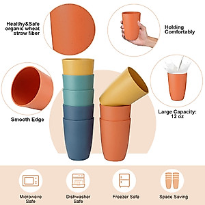 ninjori Wheat Straw Cups,8 PCS Plastic Cups 12 oz Unbreakable Drinking Cup, Reusable Dishwasher Safe Water Glasses with 4 Colors for Drinking Water Juice Milk Soda Coffee