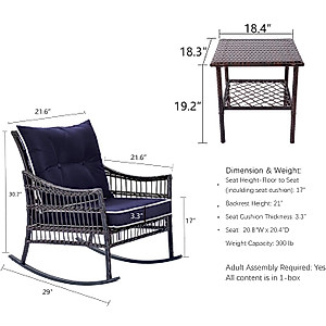 DECMICO Outdoor Rocking Chairs 3 Pieces Patio Conversation Front Porch Furniture, Wicker Rocking Chairs Bistro Set with Coffee Table for Garden and Balcony (Brown Rattan Royal Blue Cushion)