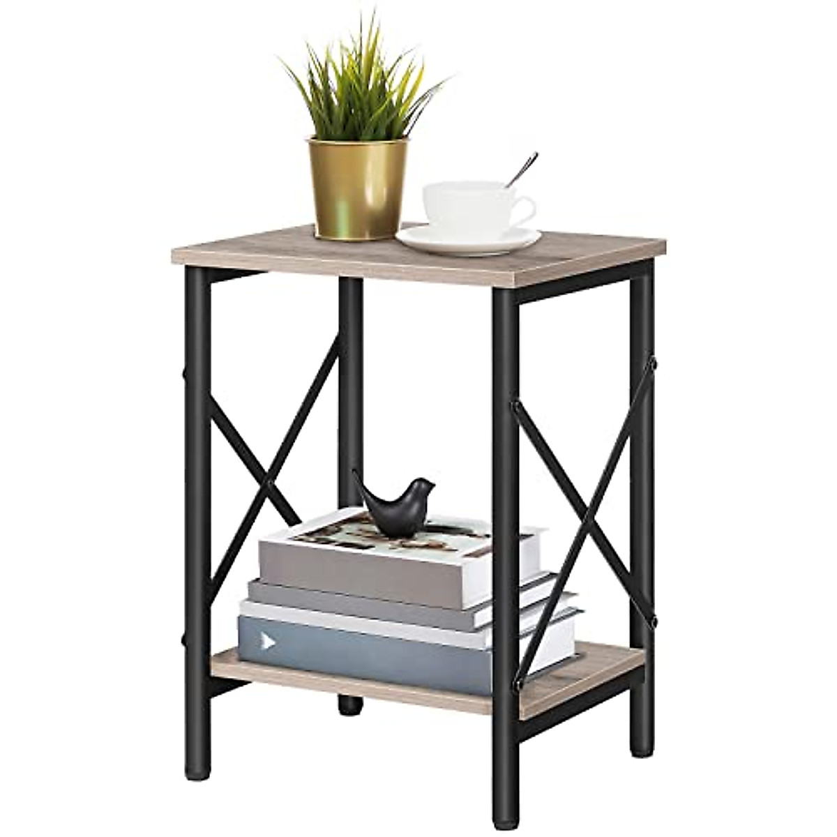 ALLOSWELL Nightstands Set of 2, End Tables with Storage Shelf, Bedside Tables X-Shaped Design, Side Tables for Living Room, Bedroom, 14.6 x 10.6 x 19.9 Inches, Easy Assembly, Greige ETHG2801S2G1