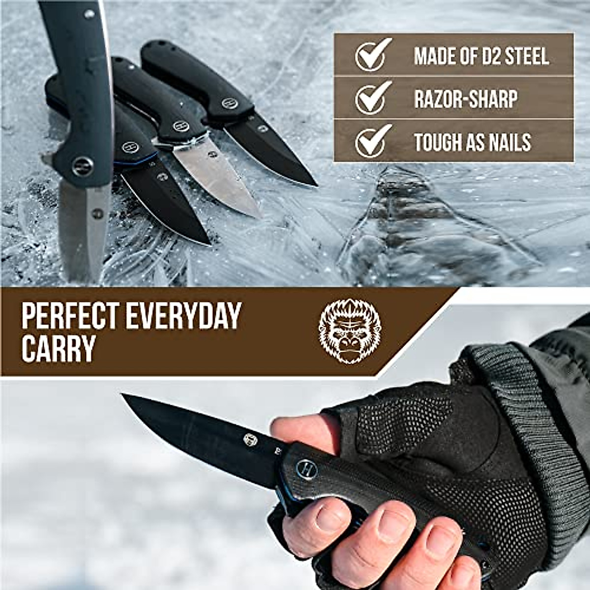 Holtzman's Gorilla Survival Folding Knife D2 Steel Blade G10 Tactical Handle Pocket Folding Knife EDC Giftset for Men (Silver and Black)