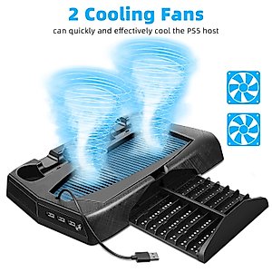 Yerliker Multi-Function Vertical Stand with Cooling Fan Compatible with PS5 Console and PS5 Digital Edition, with Game Holder Dual Controller Charger 3-Ports USB Hub and 14 Game Card Slot Organizers [video game]